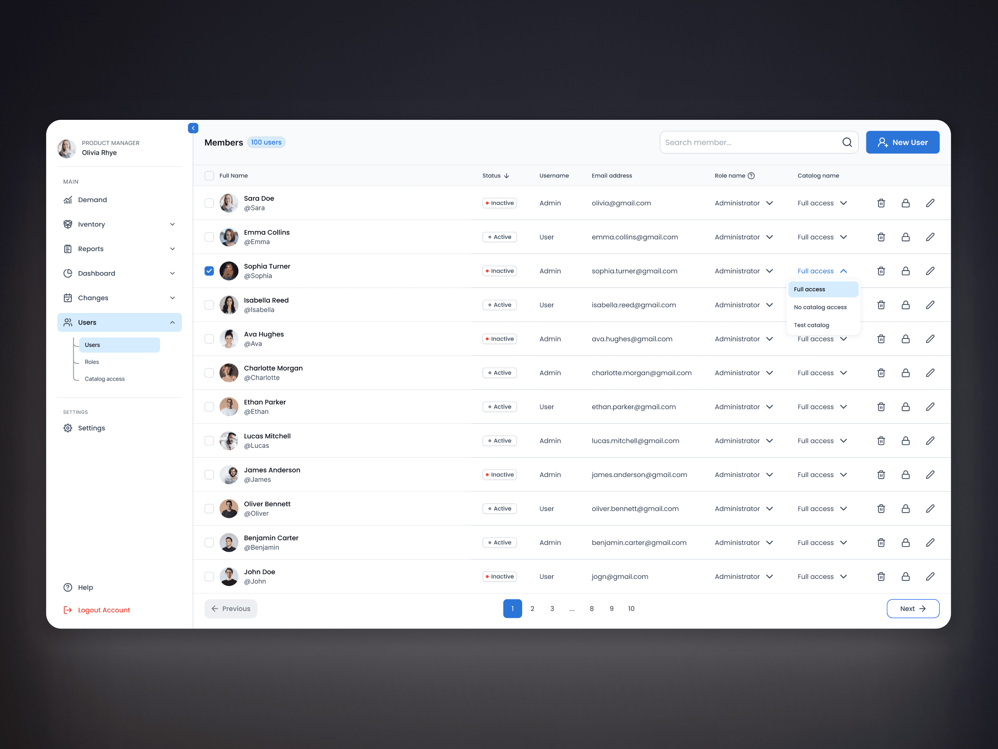 Admin dashboard user management interface showing a search bar, status filter dropdowns, and a data table with user records