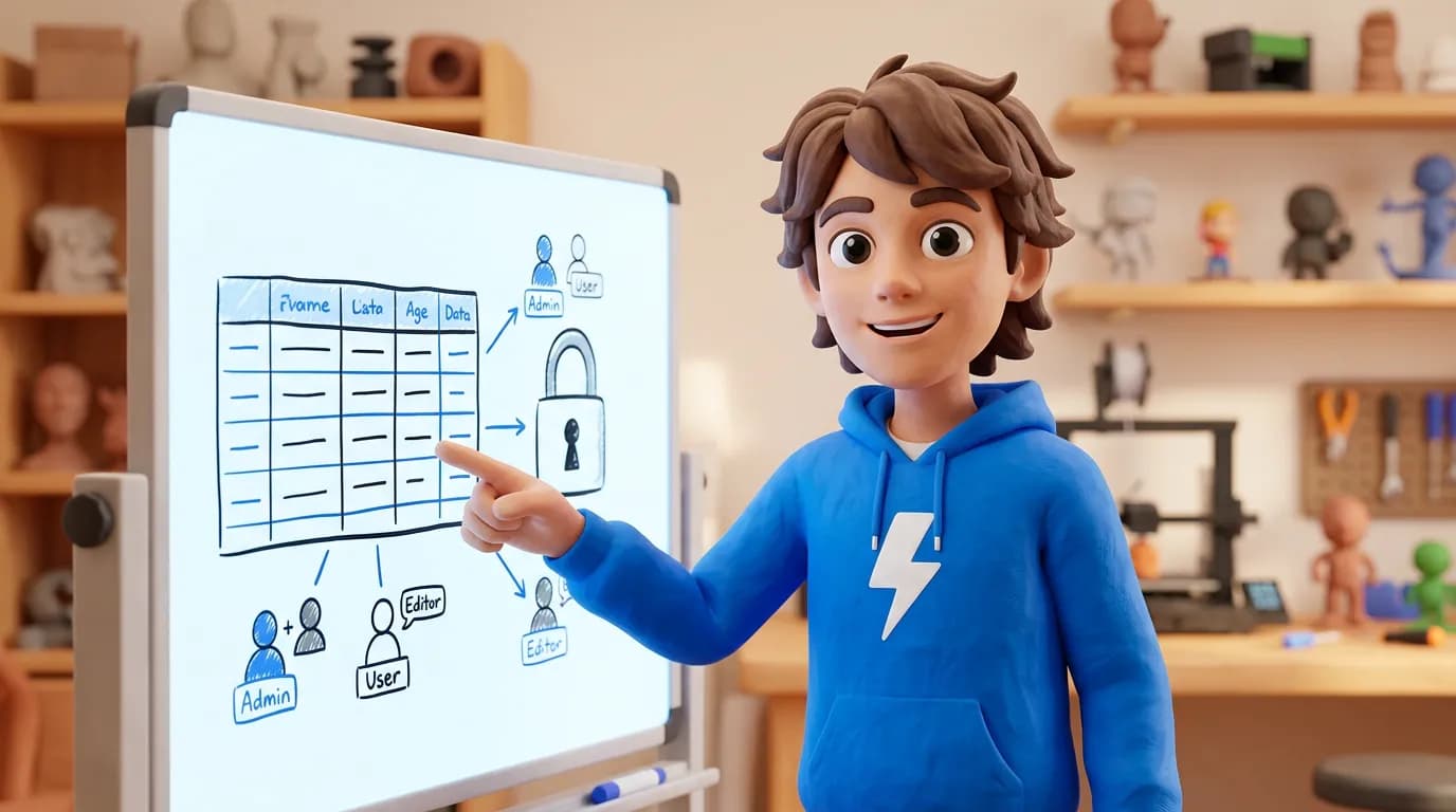 Clay developer character at a whiteboard showing a diagram of a data table, user management icons, and a padlock representing access control
