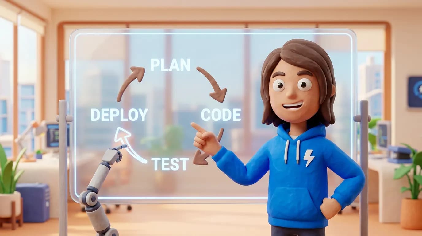 Agentic coding: the AI agent iterates independently through plan, code, test, and deploy cycles without waiting for human input at each step
