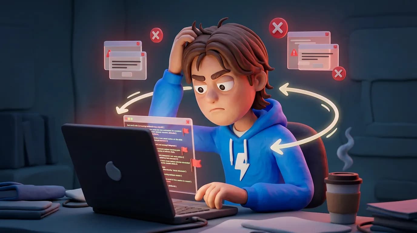 The agentic coding workflow — developer stuck in a vibe coding loop with error windows and red warnings — the problem the structured workflow solves