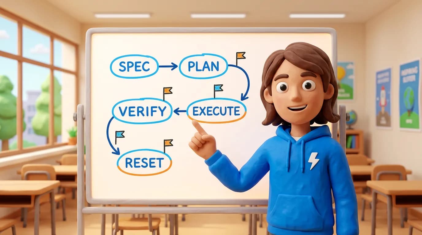 The 5-stage agentic coding workflow — spec, plan, execute, verify, reset — shown as a step-by-step diagram on a whiteboard