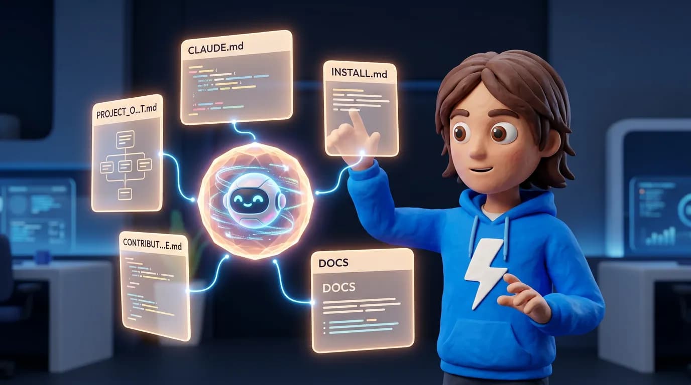 Context engineering — developer curating what the AI agent knows, organizing CLAUDE.md and documentation panels to ensure consistent high-quality output