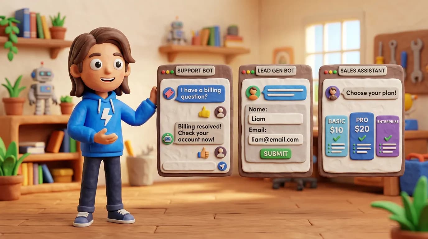 Three chatbot types built on Blink — support, lead gen, and sales assistant — each with a different conversation pattern