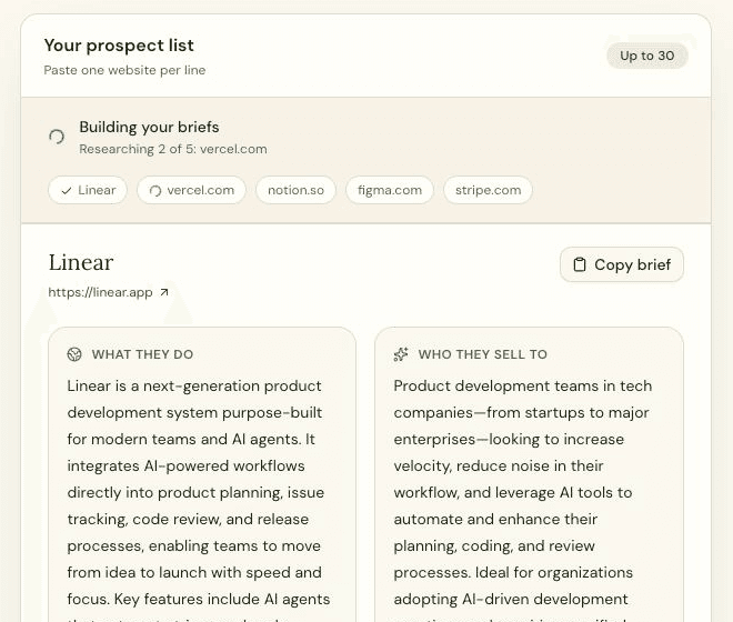 A sales-brief app on company 2 of 5, with the first brief already finished