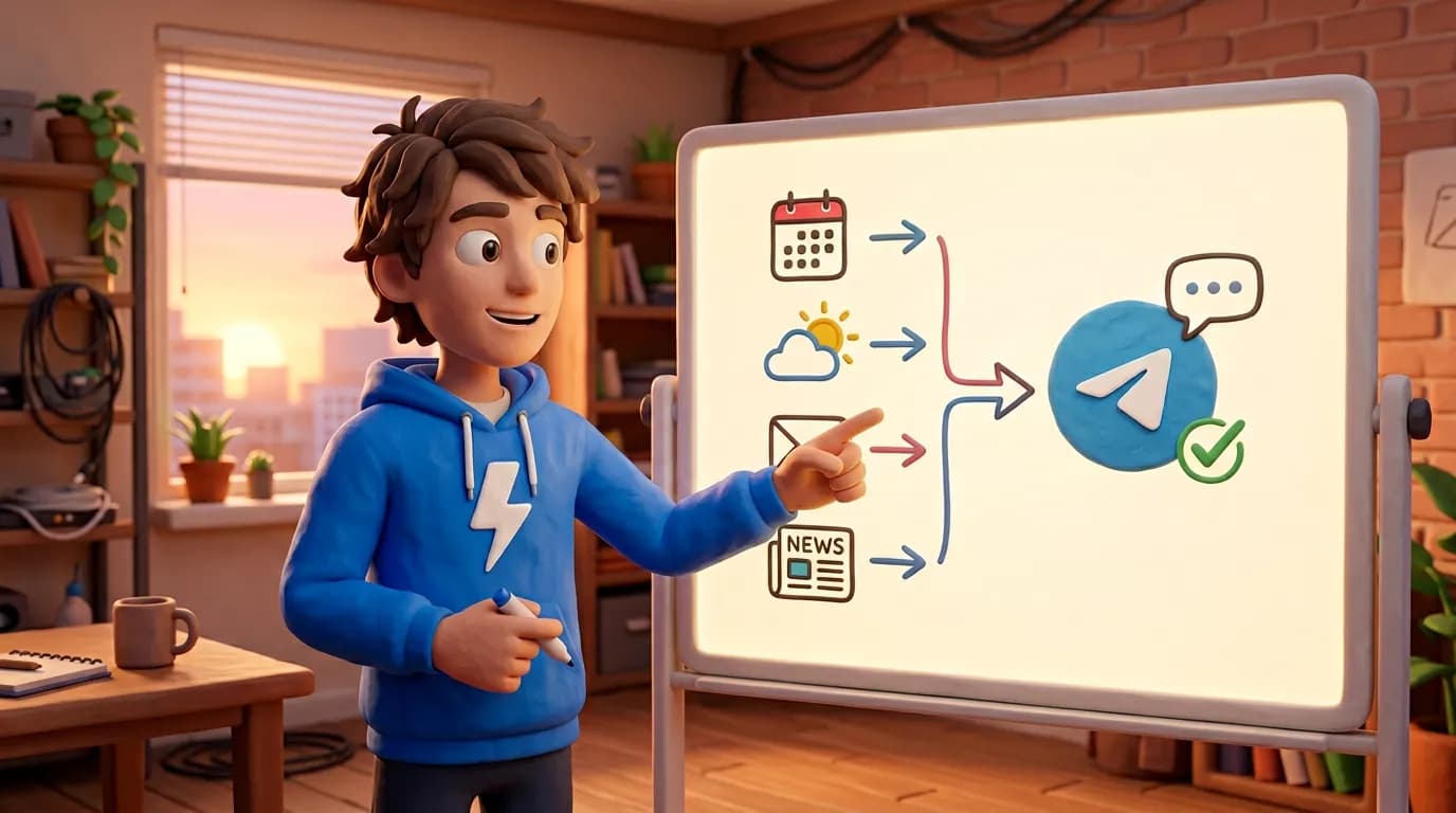Developer explaining the morning briefing flow on a glowing whiteboard