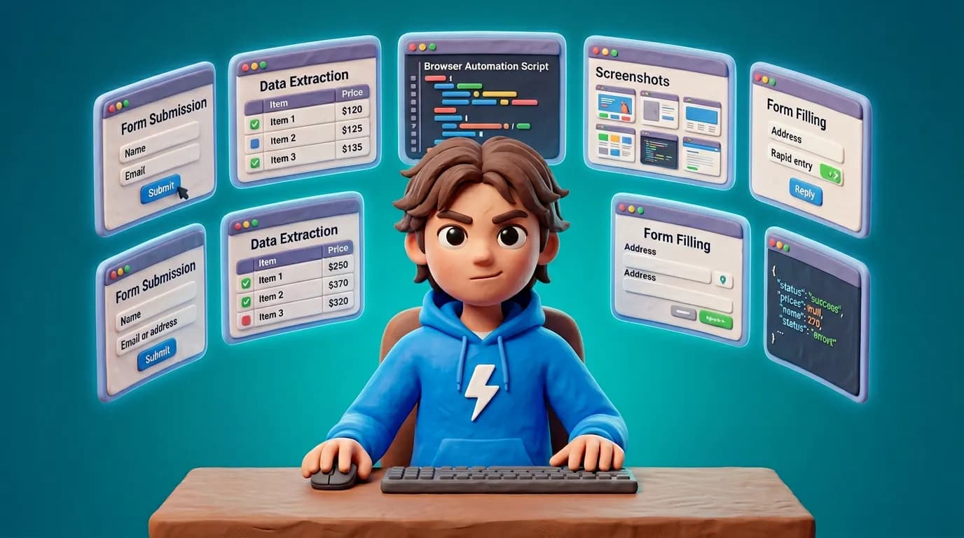 Developer surrounded by browser automation screens showing Playwright-powered web tasks
