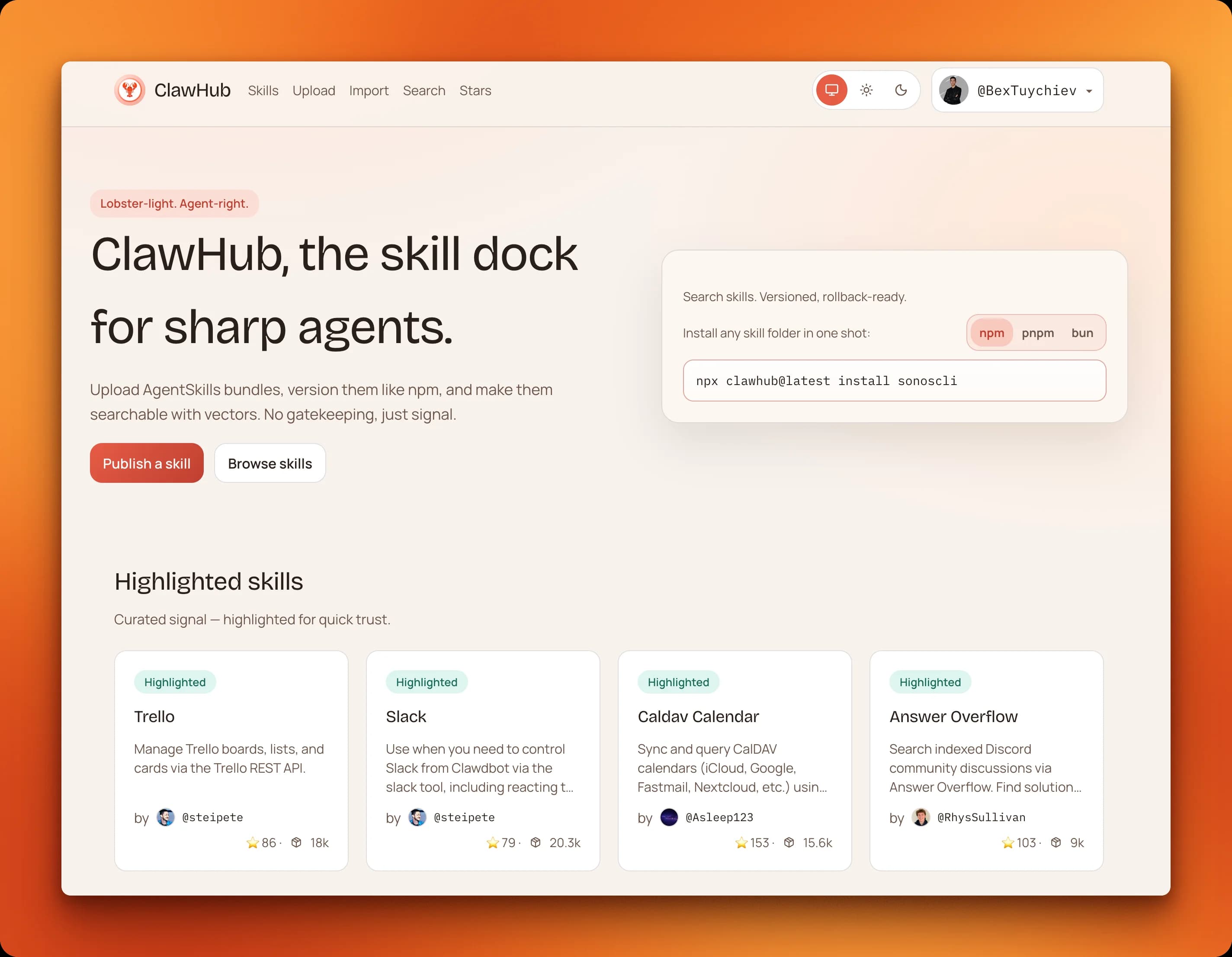 ClawHub skill registry homepage showing available OpenClaw skills