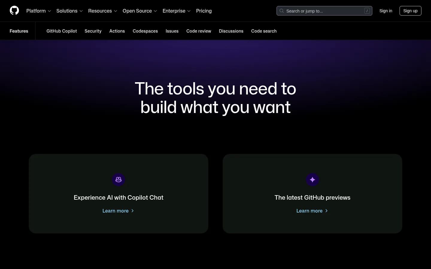 GitHub features page showing PR reviews, issues, and code review tools