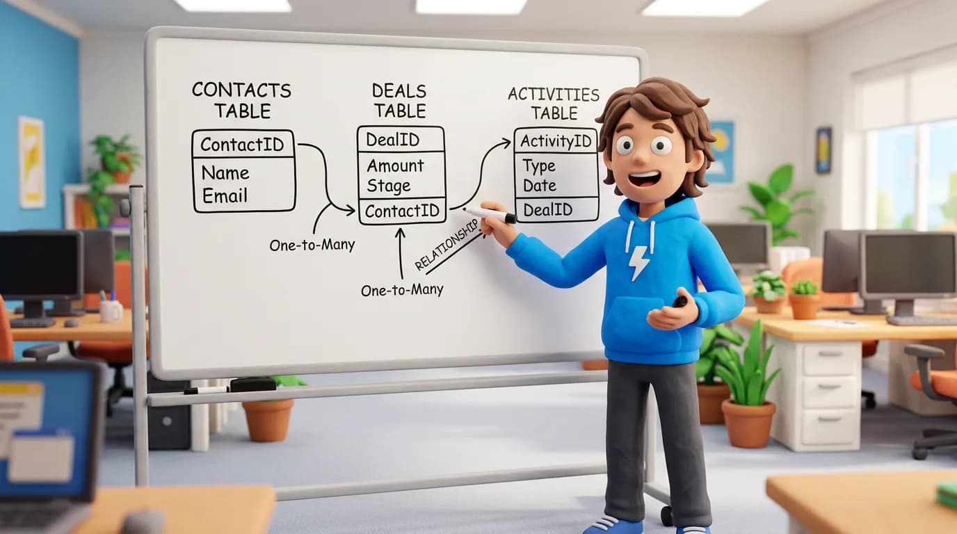 CRM data model diagram showing contacts, deals, and activities tables with relationships
