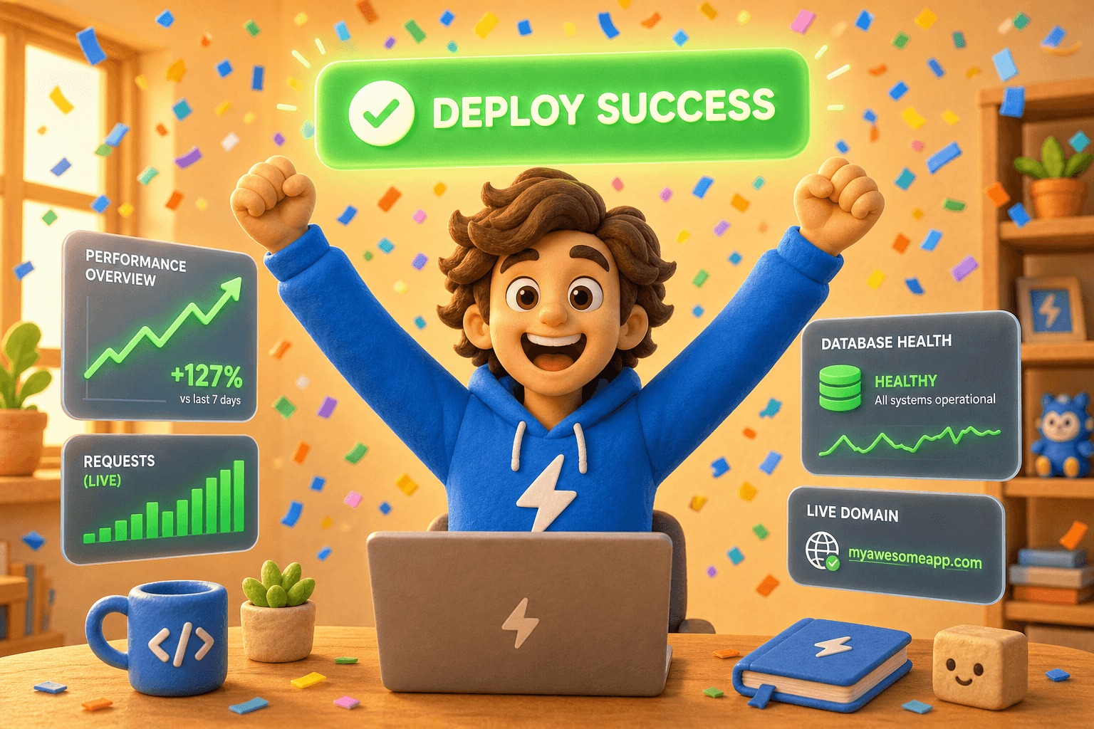 Deploy success with Blink Cloud — database provisioned, auth live, custom domain connected, all from two terminal commands