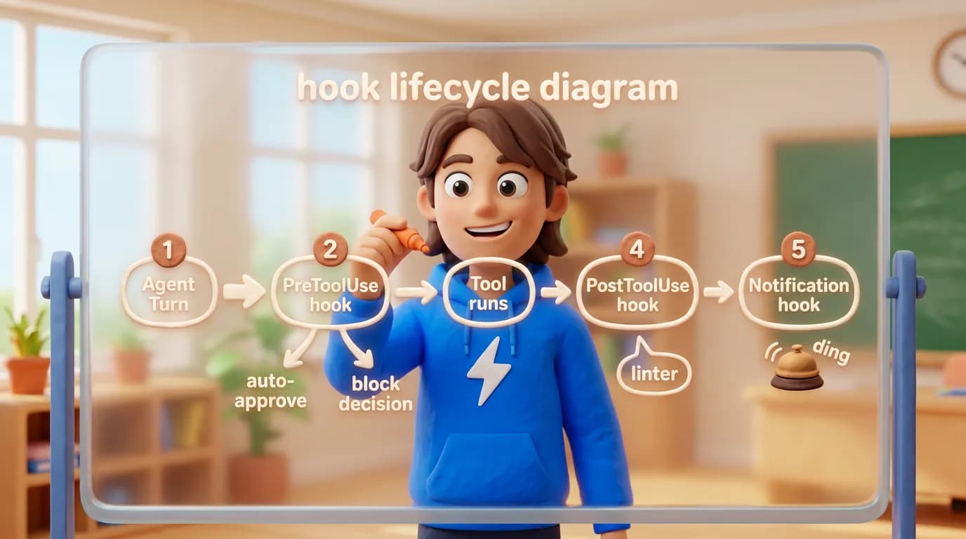 The Claude Code hook lifecycle: PreToolUse runs before a tool, PostToolUse runs after, and Notification fires when Claude waits for input