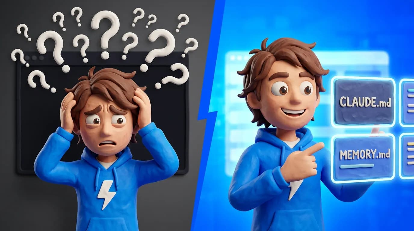 Before and after setting up Claude Code memory — from stateless frustration to persistent context that carries across every session