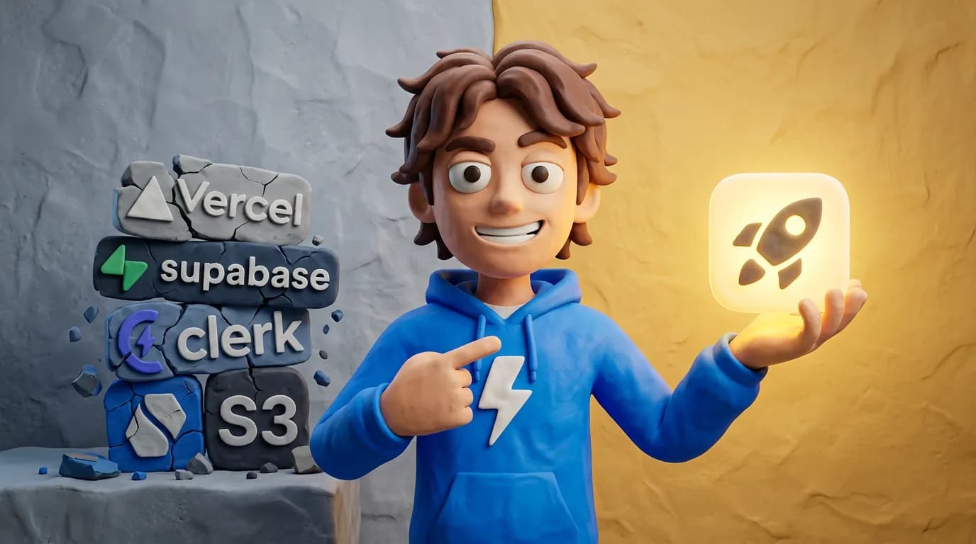 Developer holding new Blink approach versus crumbling stack of Vercel, Supabase, Clerk, and S3 logos