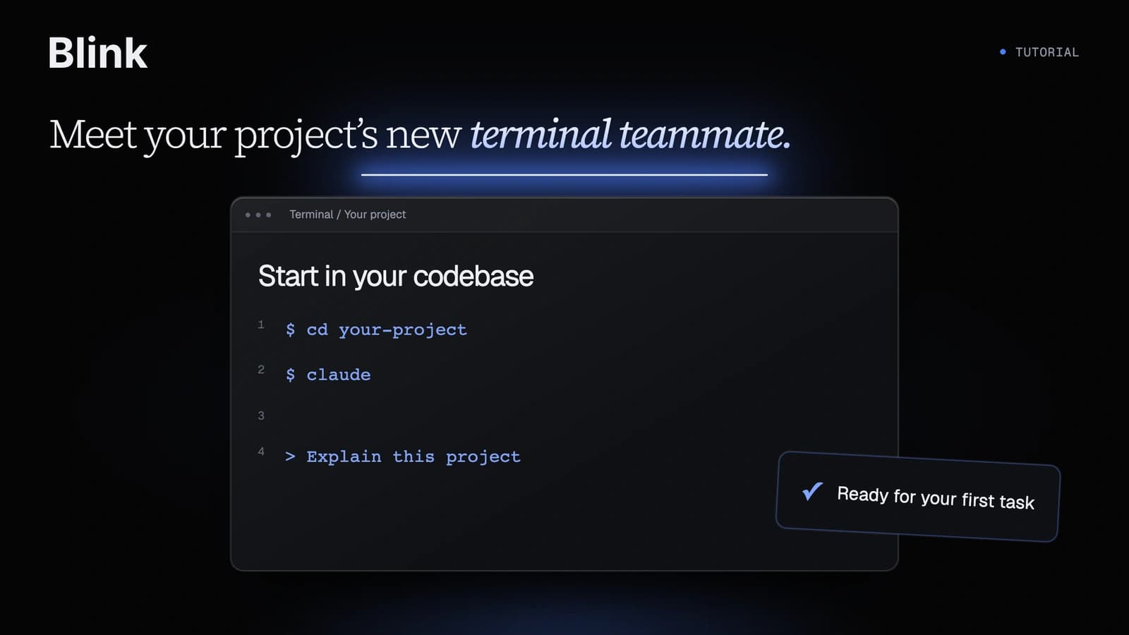 Meet your project’s new terminal teammate. Claude Code tutorial. Conceptual illustration.