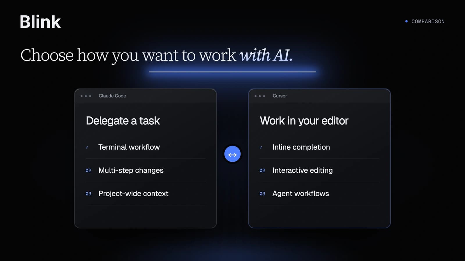 Choose how you want to work with AI. Claude Code vs. Cursor. Conceptual illustration.
