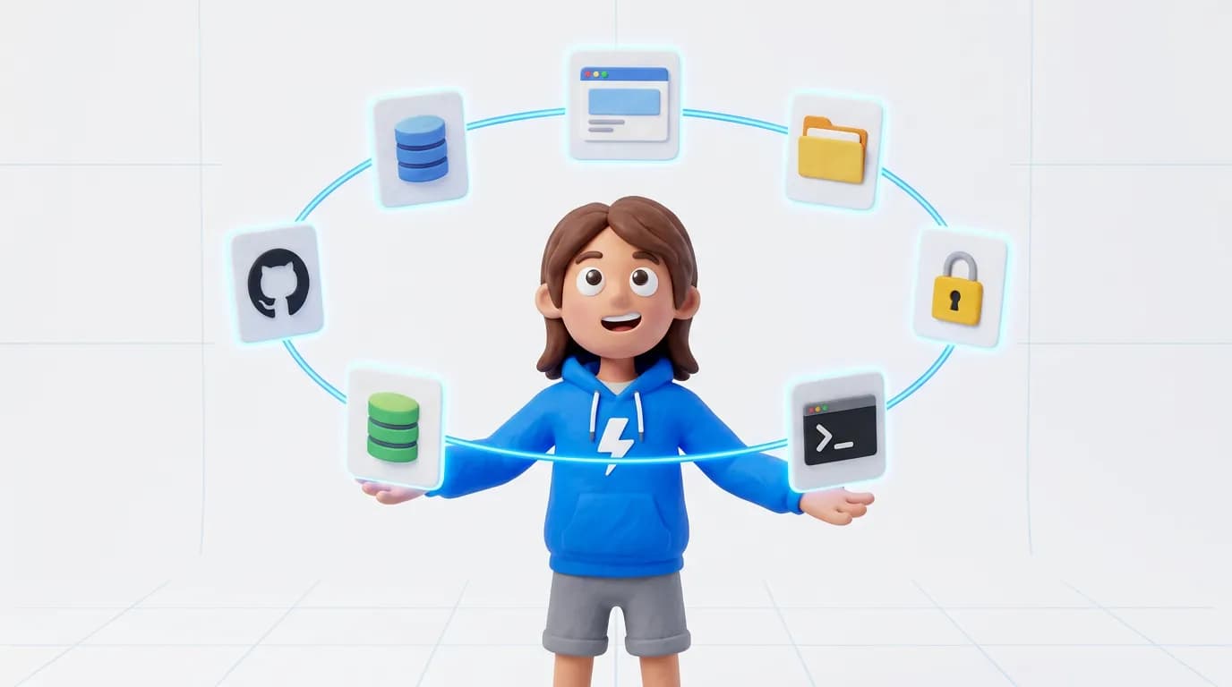 MCP connects Cursor to 6 external tools — GitHub, database, browser, storage, auth, and terminal — via the Model Context Protocol