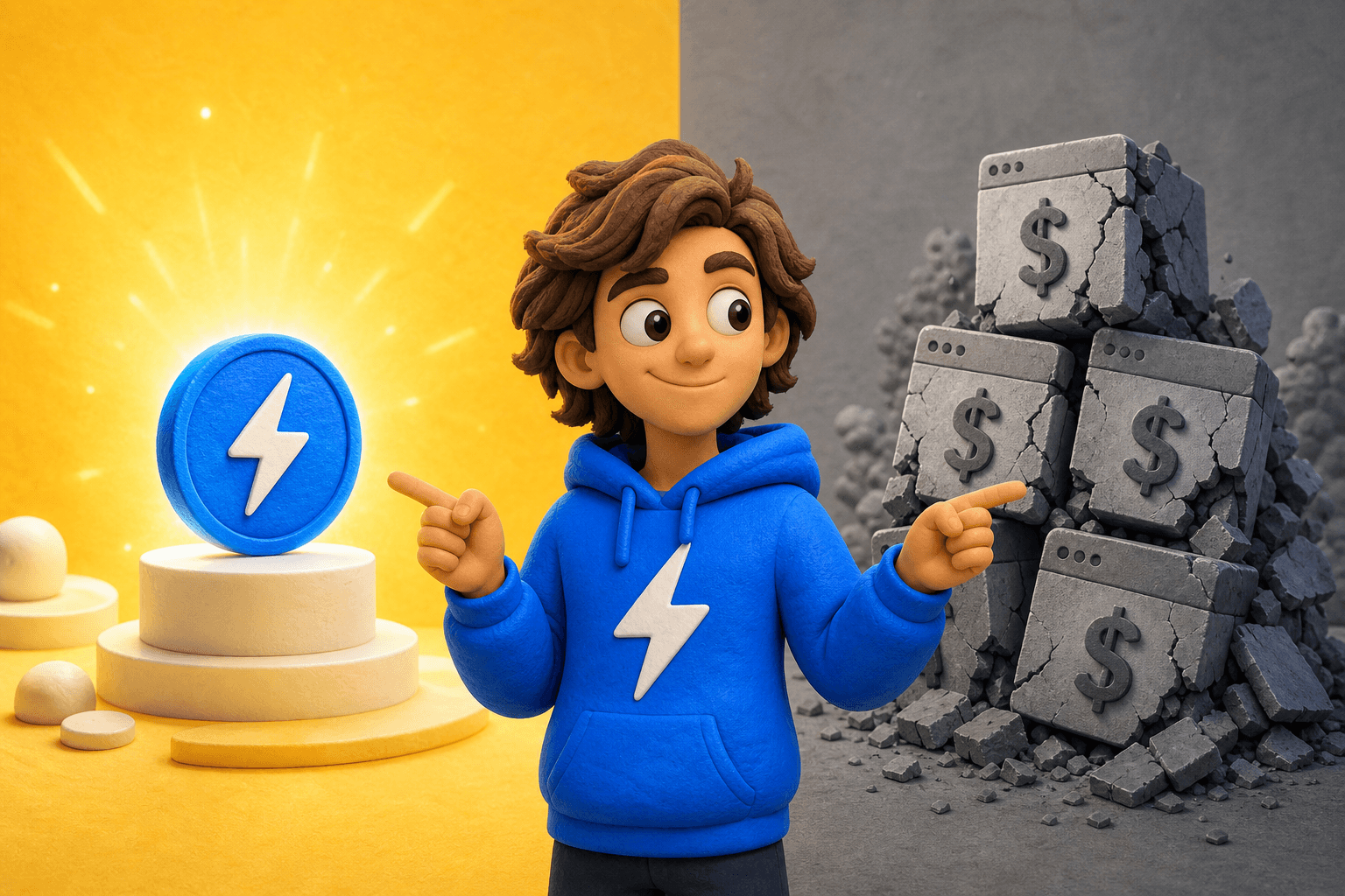 Character pointing at a small glowing Blink coin versus a crumbling pile of expensive enterprise software boxes