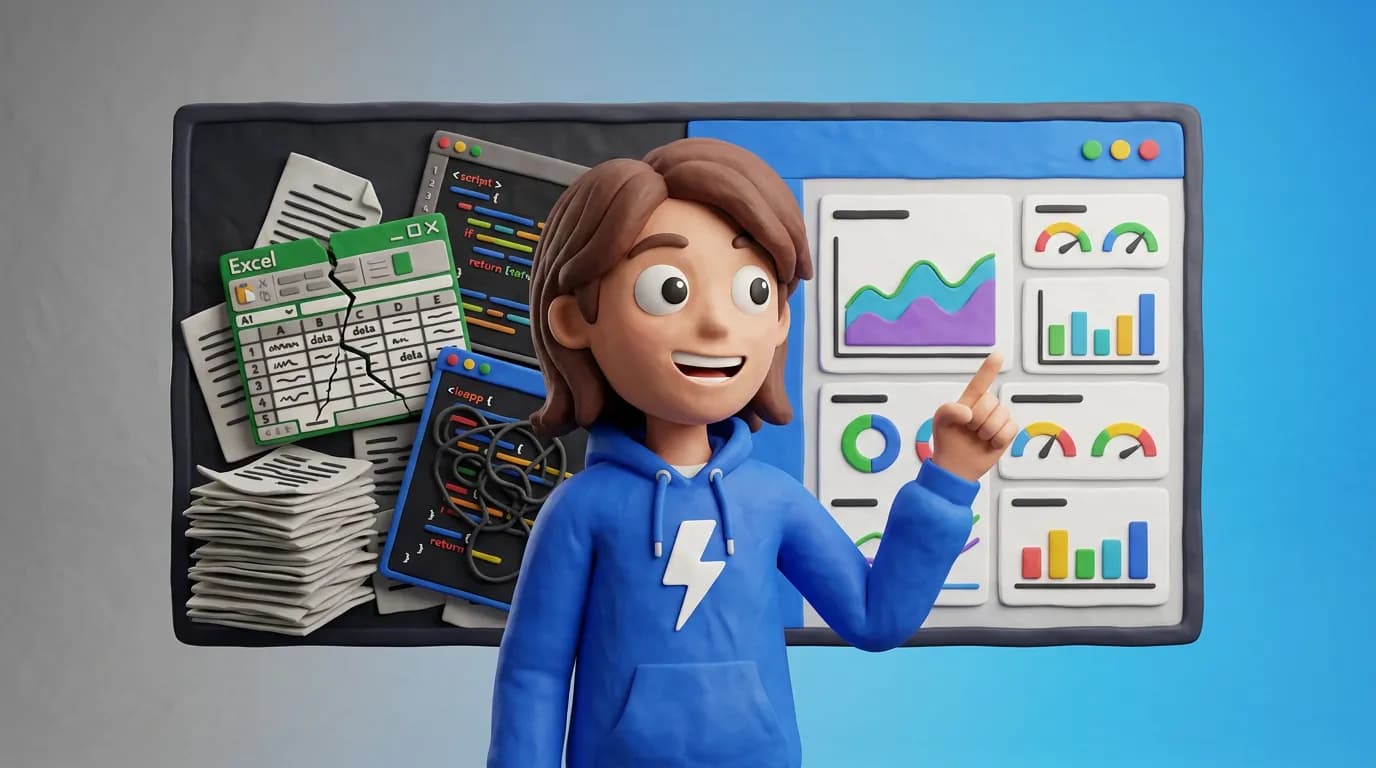 Old way vs new way — chaotic spreadsheets and disconnected tools vs a clean real-time dashboard built in an afternoon