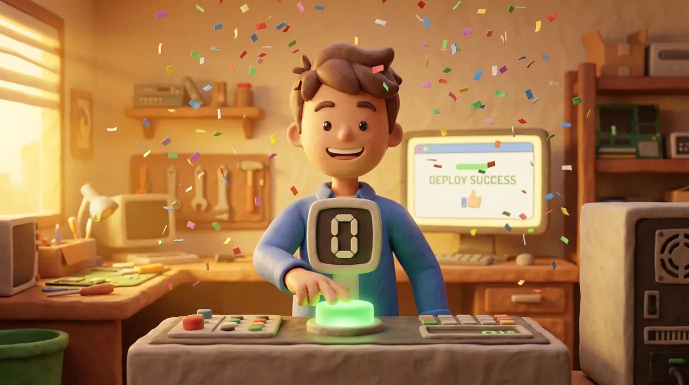 Clay developer character pressing a glowing green deploy button with confetti and a live membership site visible on screen