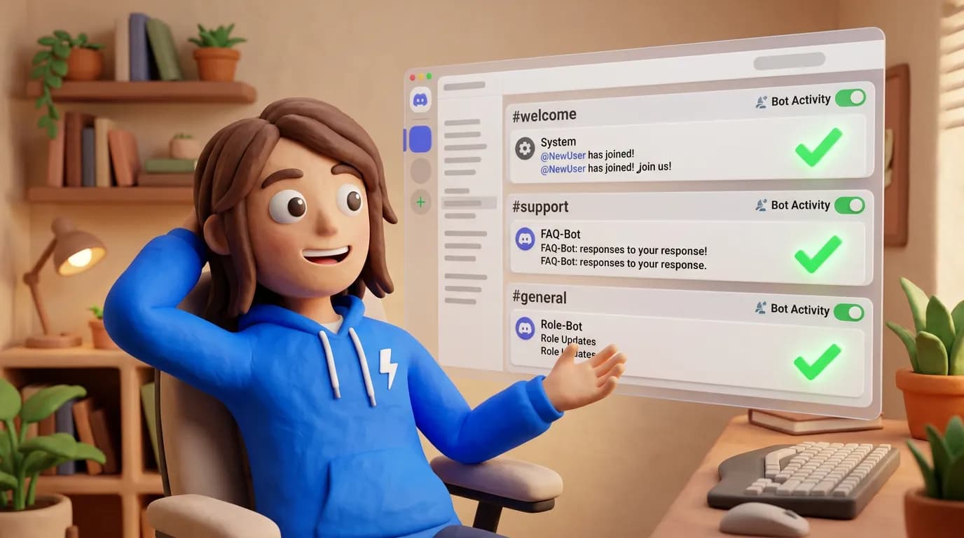The Discord bot Blink builds for your server — handles welcomes, moderation, FAQs, and custom commands automatically