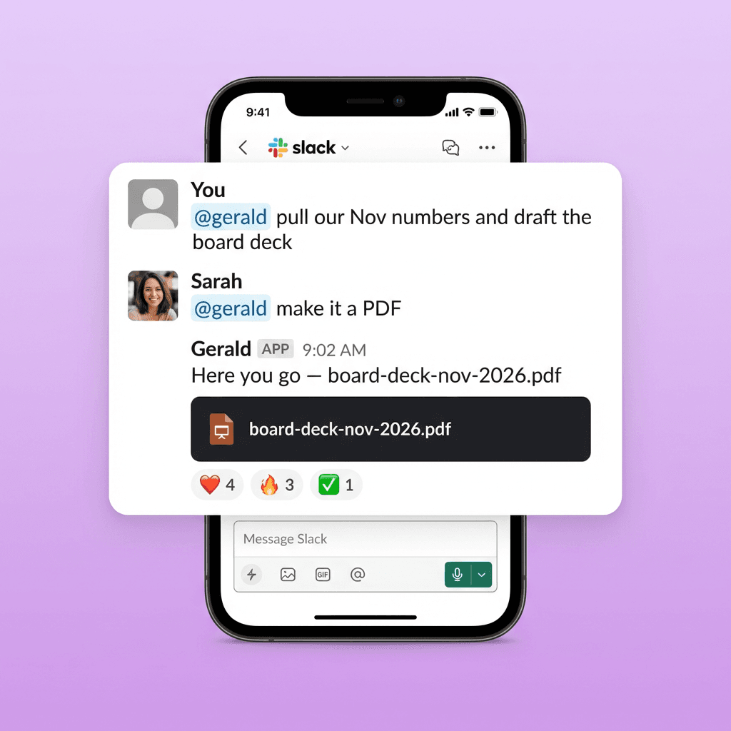Gerald delivering board deck in Slack
