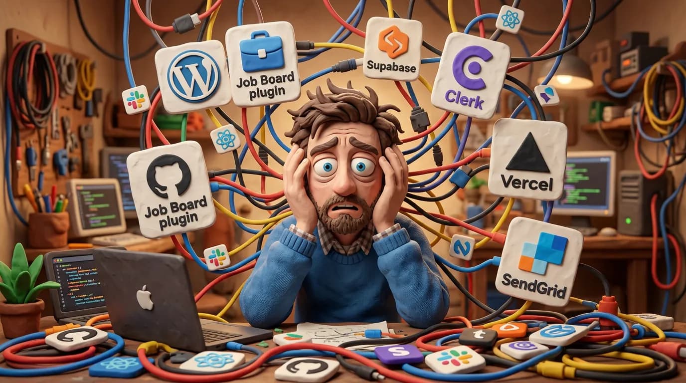 The fragmented infrastructure stack most job board builders face — plugins, SaaS tools, and broken integrations