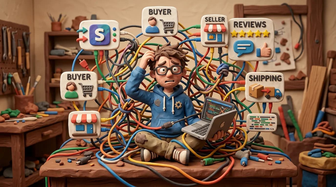 The fragmented infrastructure stack most marketplace builders face — Stripe Connect, buyer auth, seller auth, reviews, and search all separate