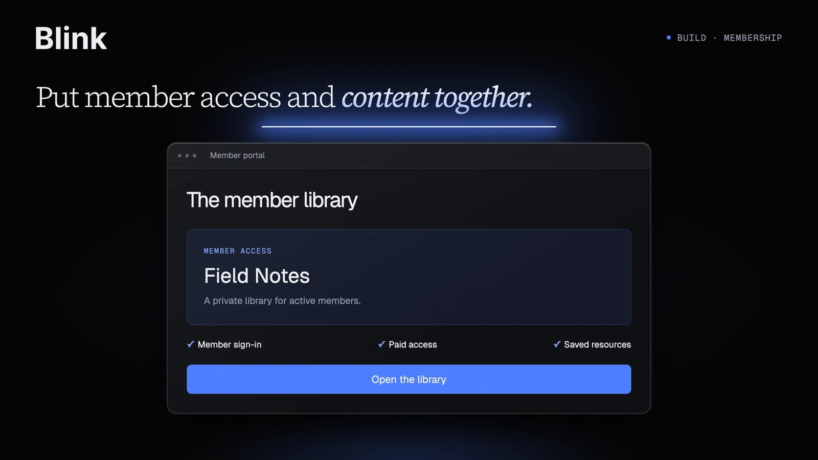A member portal mockup shows a private content library with sign-in and paid access.