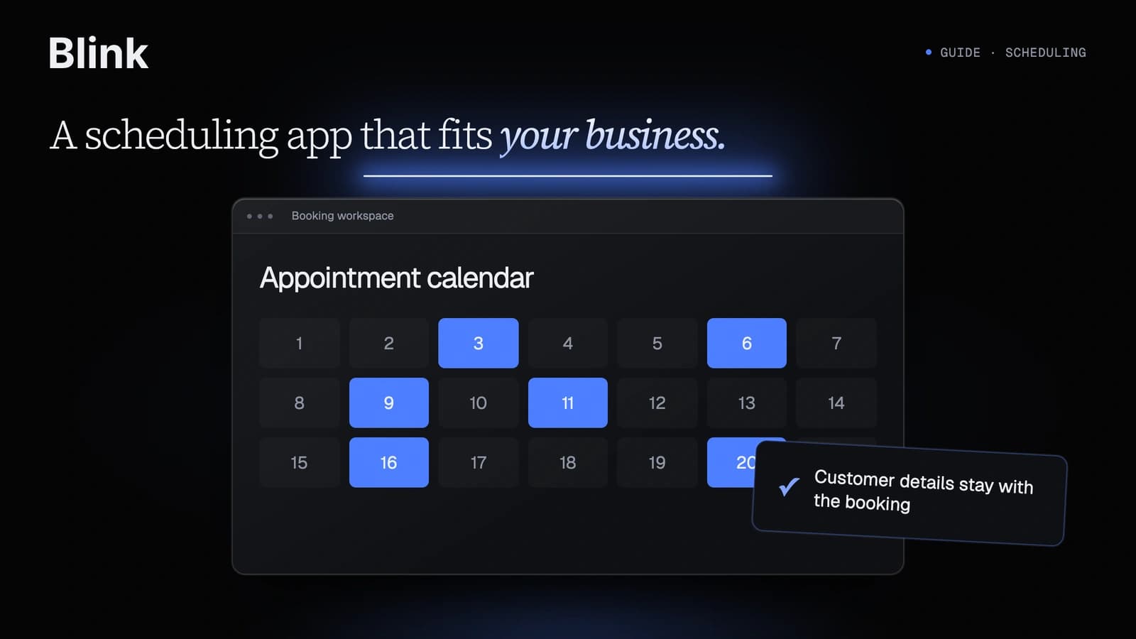 A scheduling app calendar keeps appointments and customer details together.