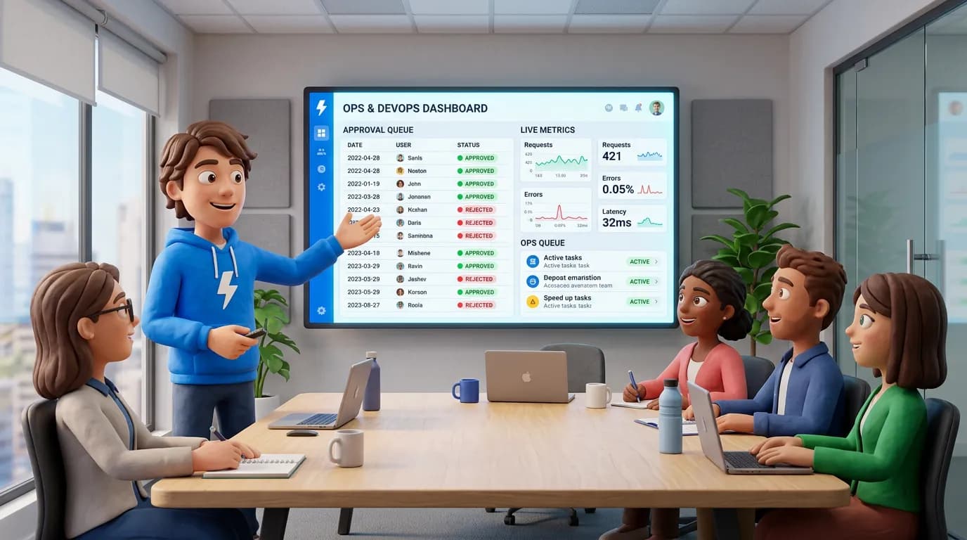 Internal tool dashboard in action — team approvals, live metrics, and action queue all in one place