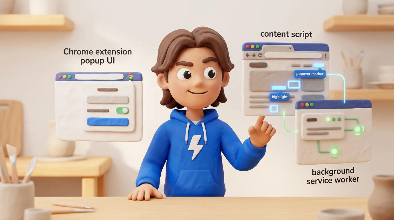 A Chrome extension has three layers: popup UI, content scripts injected into pages, and background service workers