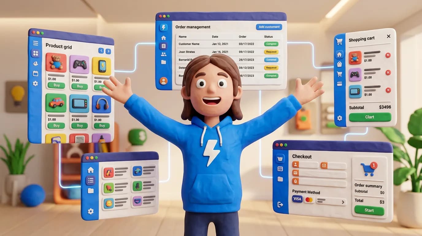 A complete e-commerce store: product catalog, cart, checkout, and order management — all buildable with AI in hours