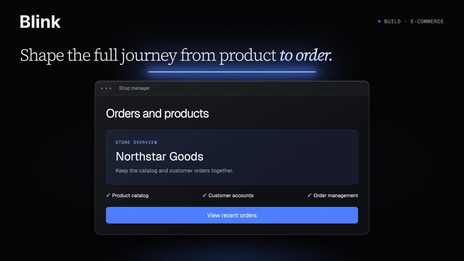 A shop manager mockup groups product catalog, customer accounts, and order management.