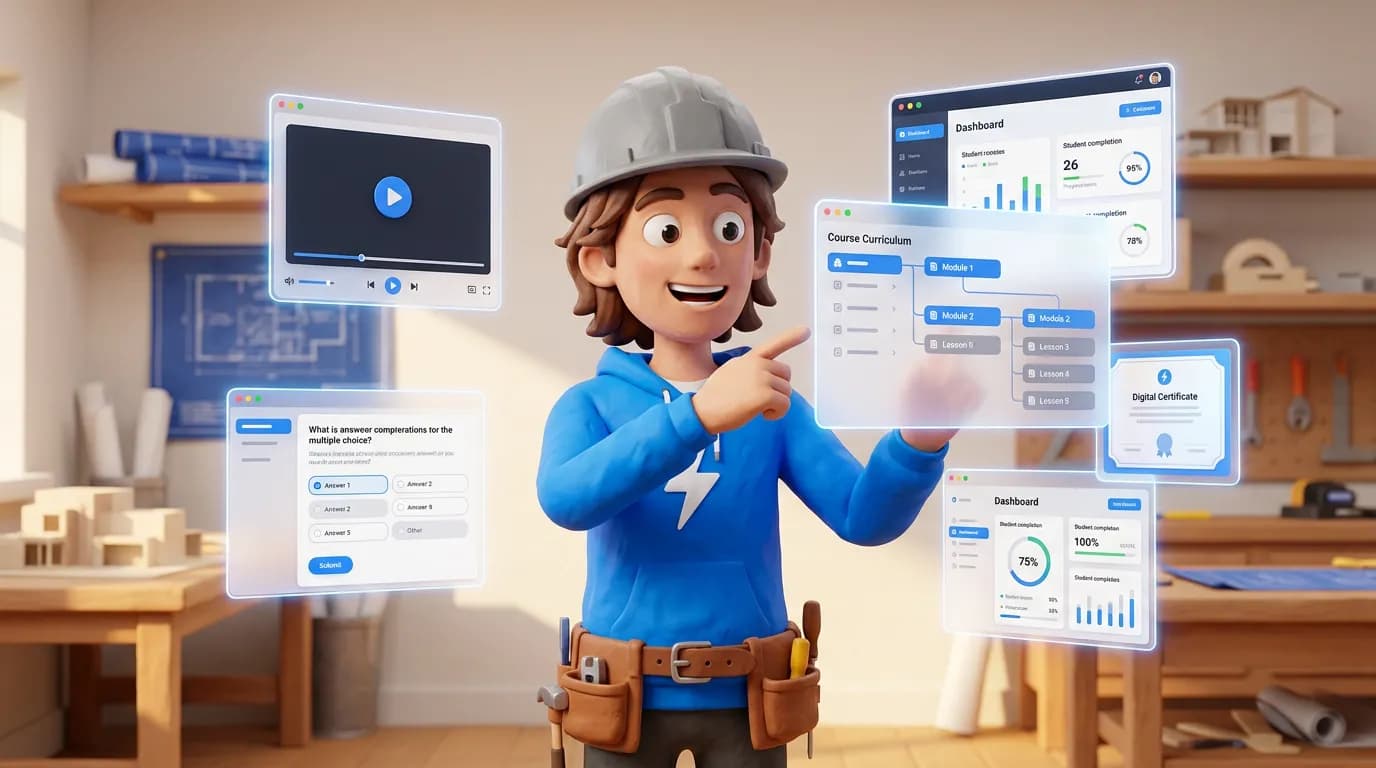The core screens of an online education platform: course curriculum, video player, quizzes, student progress, and certificates