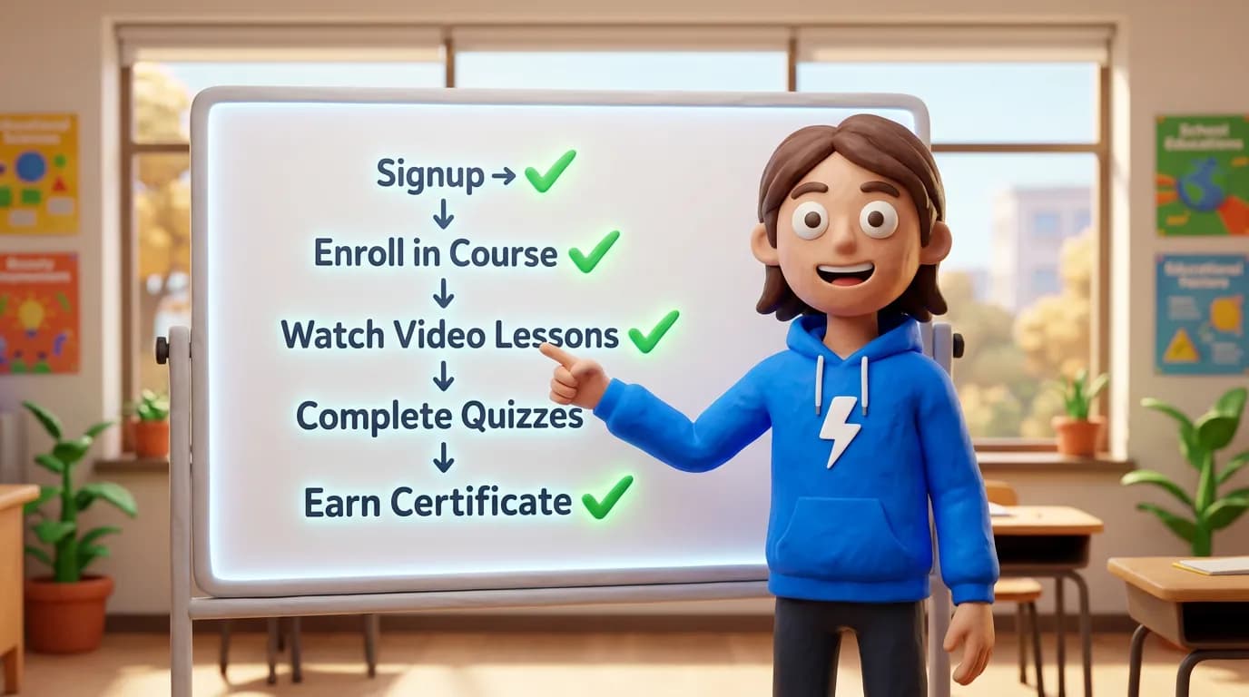 The complete student journey: from account creation to earned certificate — every step runs automatically on your owned platform