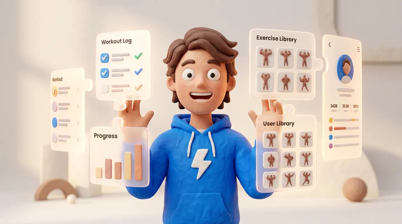 The core screens of a fitness app: workout log, progress chart, exercise library, and user profile — all buildable in one afternoon with Blink