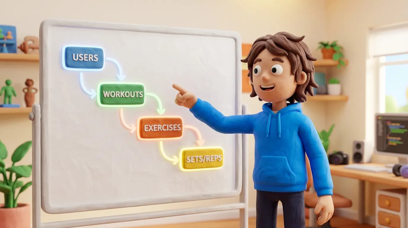 The data model for a fitness app: users connect to workouts, which contain exercises with sets, reps, and duration