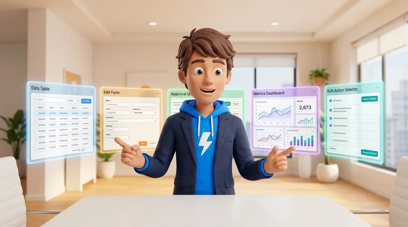 The 5 internal tool patterns: data table, edit form, approval queue, dashboard, and bulk actions