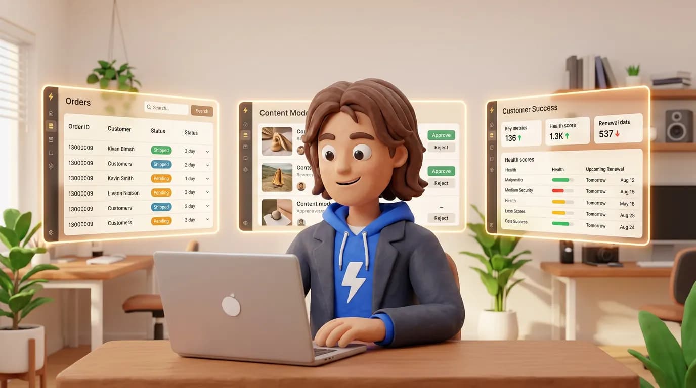 3 custom internal tools built with AI: order management, content moderation, and customer success dashboard