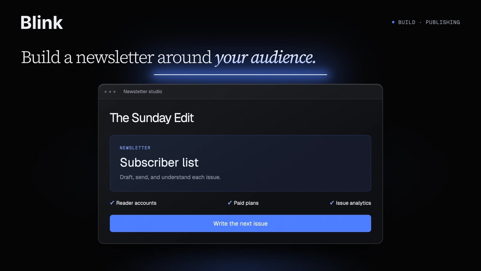 A newsletter studio mockup shows reader accounts, paid plans, and issue analytics.