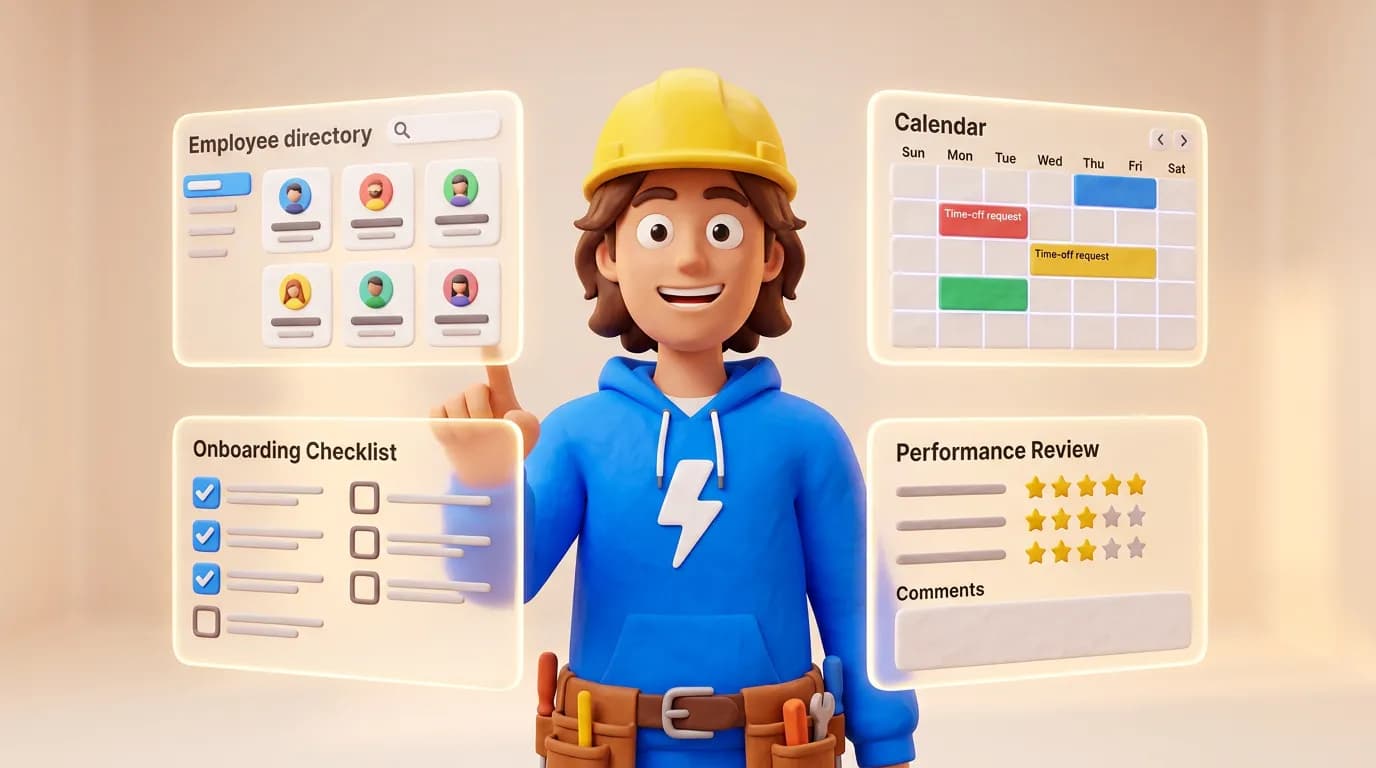 The core screens of an HR management system: employee directory, PTO calendar, onboarding tracker, and performance reviews assembled into one system