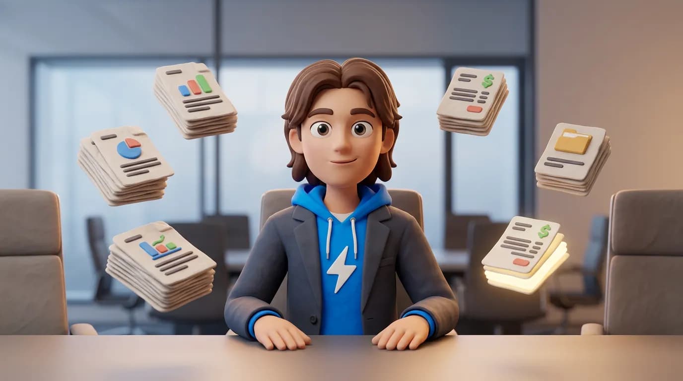 Freelancer with AI-powered proposal and invoice automation system floating around them