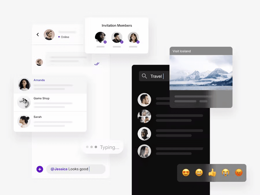 A real-time chat app showing a channels sidebar, active conversation with message bubbles, user status indicators, and unread message counts