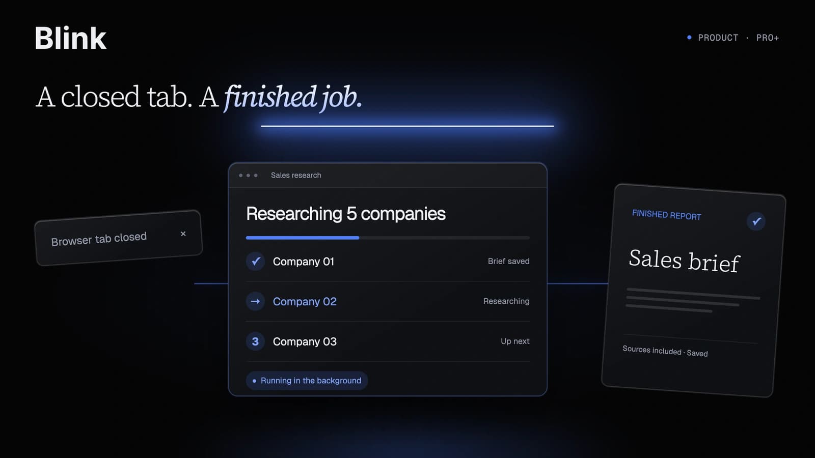 An AI research job continues after the browser tab closes, with a saved sales brief beside its live progress.