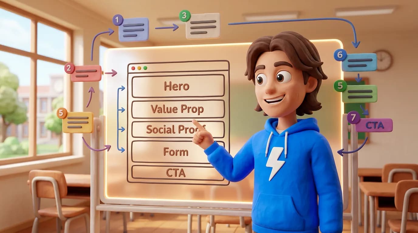 The 5 anatomy sections of a high-converting landing page explained: Hero, Value Prop, Social Proof, Form, CTA