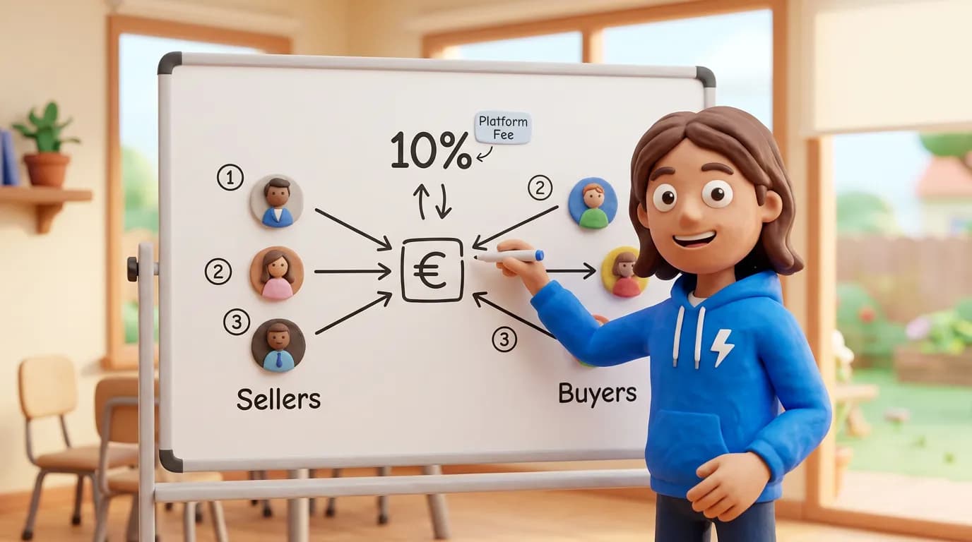 Two-sided marketplace architecture: seller listings, buyer browse, Stripe Connect payment splits, and platform fee flow