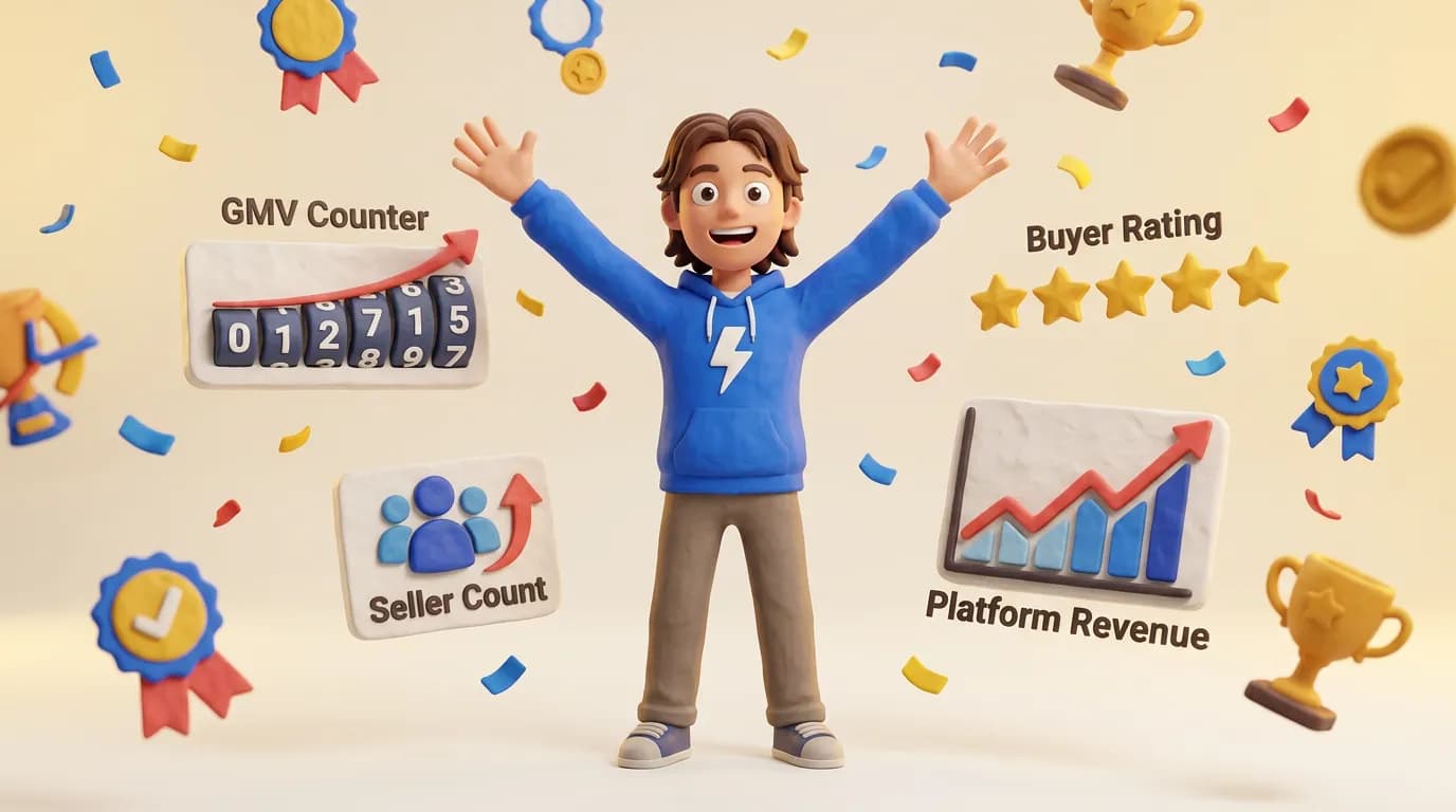 A launched marketplace showing climbing GMV, growing seller count, and platform revenue — the goal of building your own