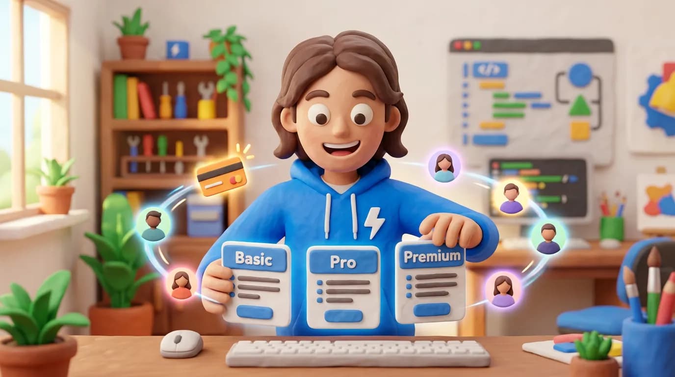 Clay developer character at a desk arranging three floating pricing tier cards (Basic, Pro, Premium) with a glowing credit card icon and user profile icons