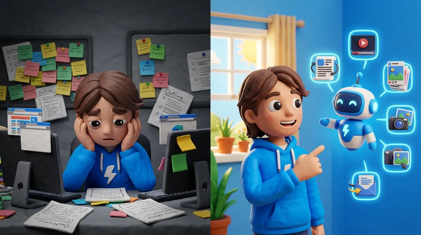 Before vs. after: manual content workflow vs. an OpenClaw agent running research, scripts, and social posts in parallel