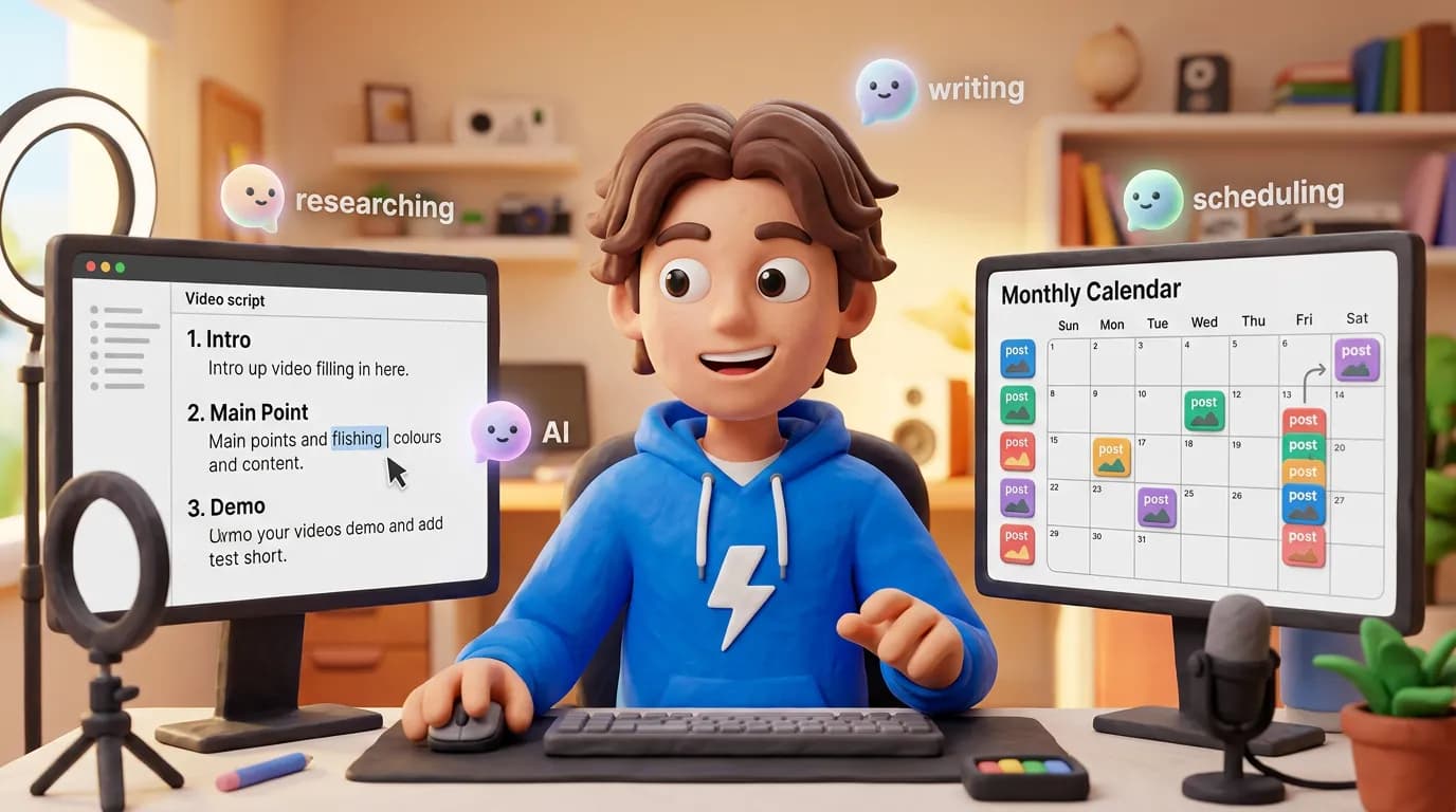 One topic input becomes a complete script, SEO metadata package, and social queue — the agent handles the production stack while the creator reviews final output